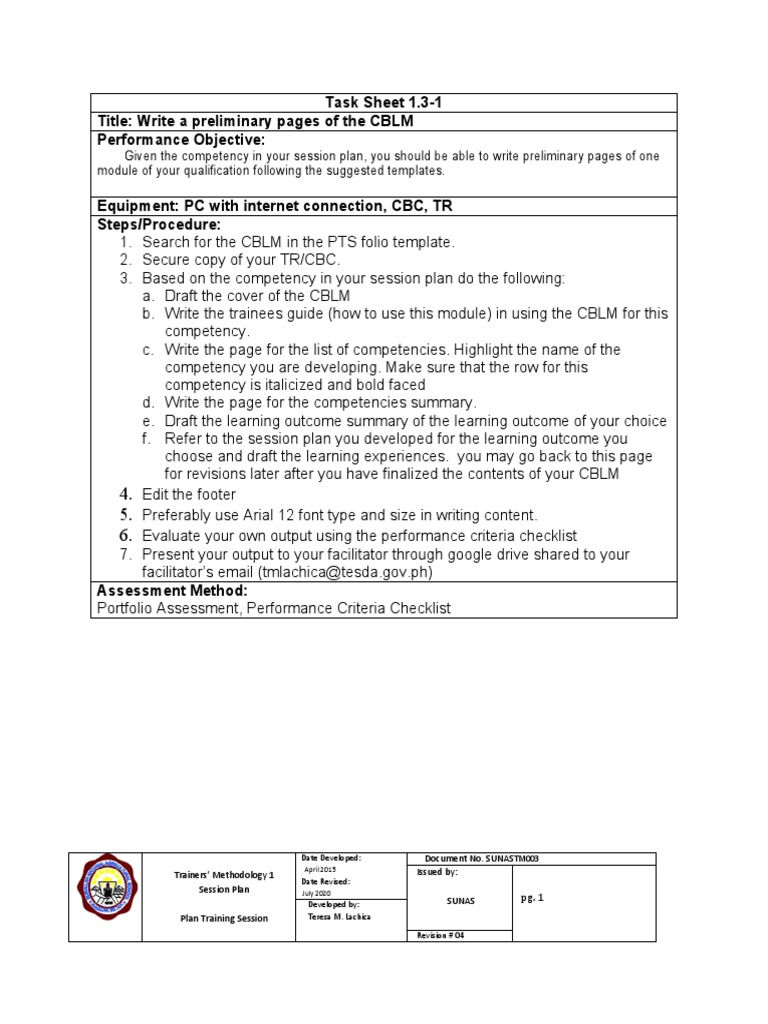 TASK Sheet 1.3-1 Prepare CBLM Preliminary Pages1 | PDF | Behavior ...