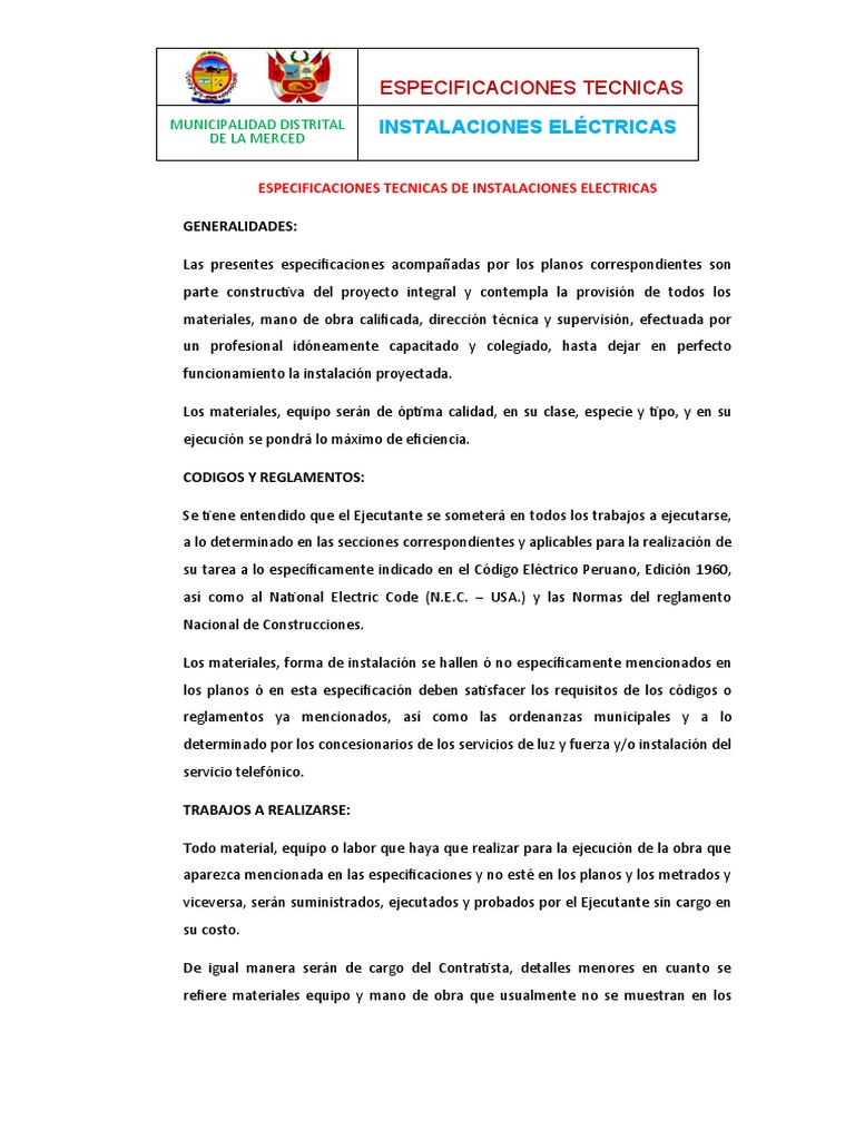 Especificaciones Tecnicas de Instalaciones Electricas | PDF | Aislador (Electricidad) | Tubería ...