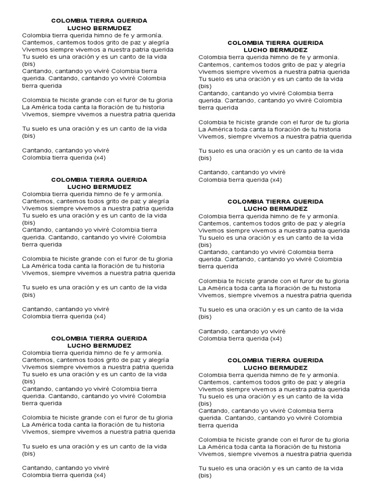 Letra de La Cancion COLOMBIA TIERRA QUERIDA | PDF | Entretenimiento ...