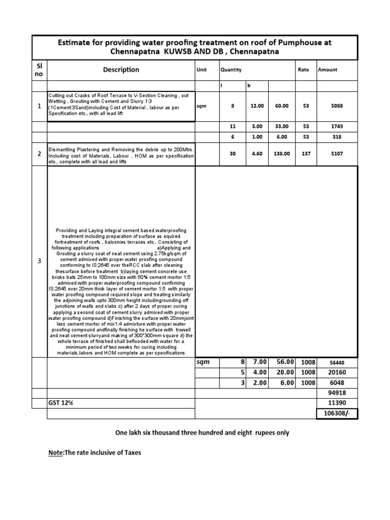 Waterproofing Estimate 2020-21 Channapatna Pumphouse | PDF | Building ...