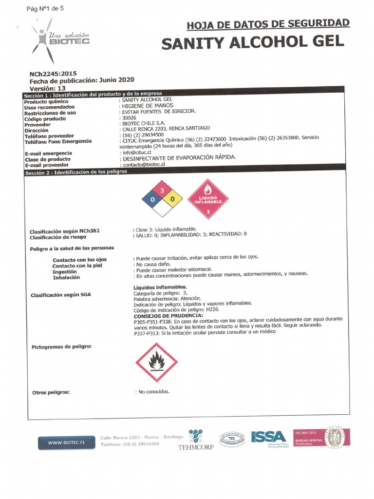 Hoja de Datos de Seguridad Alcohol Gel PDF | PDF