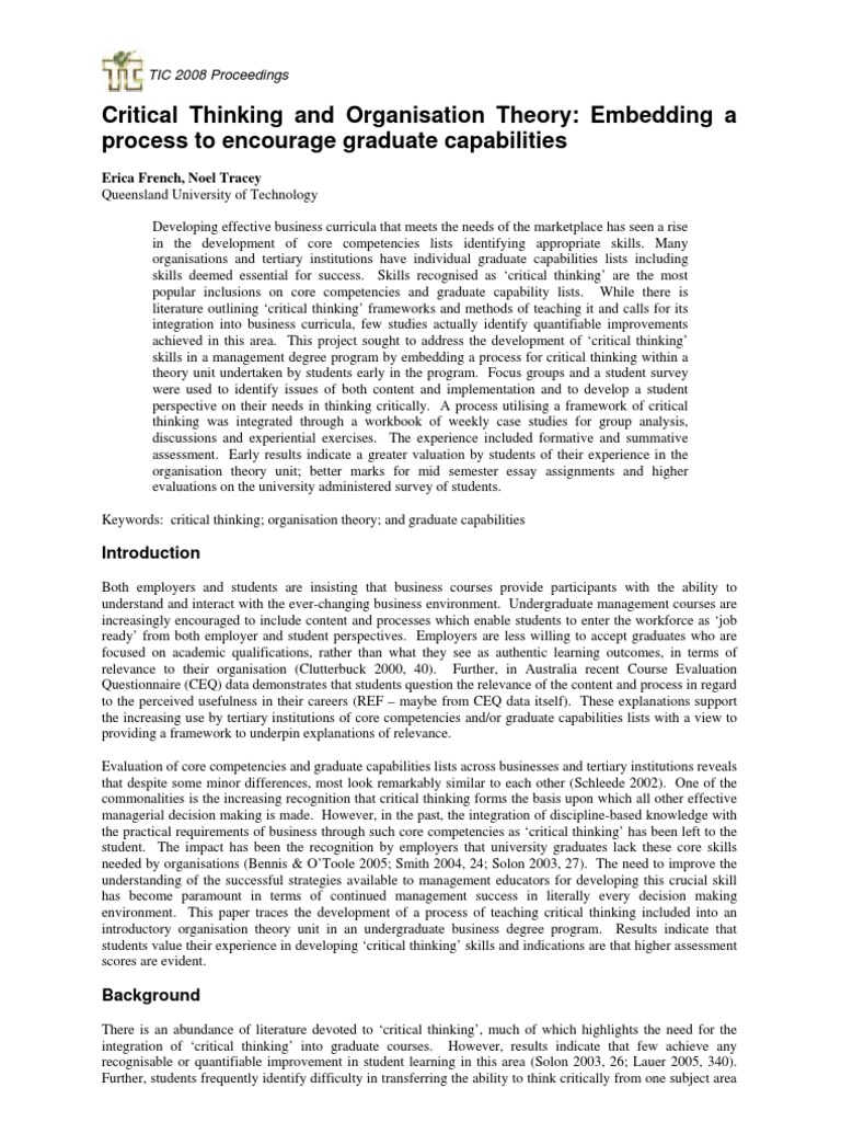Critical Thinking and Organisation Theory Embedding A Process To ...