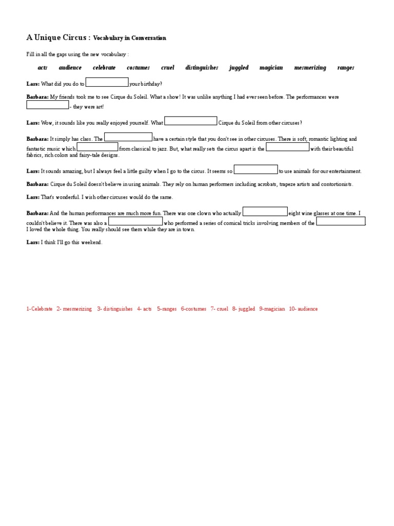 Unique Circus Vocabulary Exercise | PDF