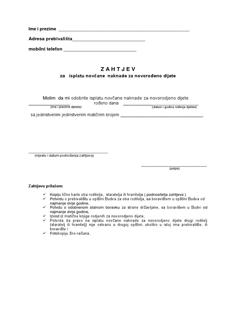 Zahtjev Za Isplatu Naknade Za Novorodjence 2018 | PDF