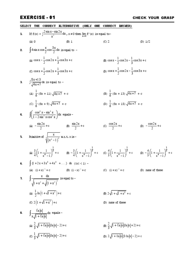 Indefinite Integration Exercises | PDF | Integral | Calculus