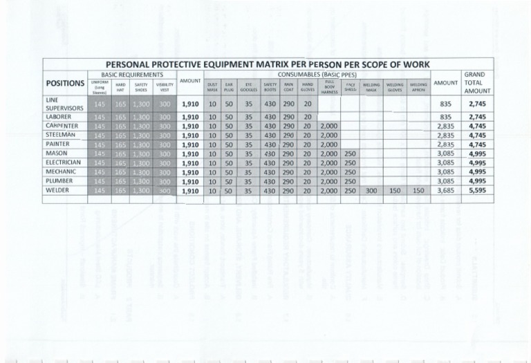 Personal Protective Equipment Matrix Per Person Per Scope of Work | PDF