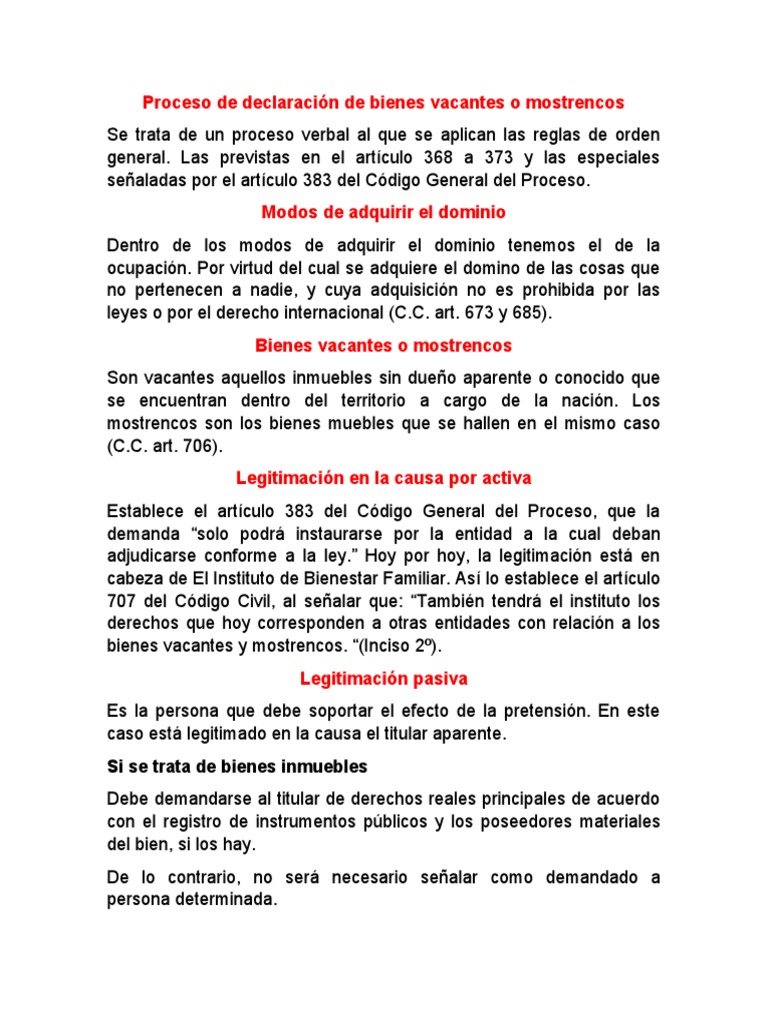 Proceso de Declaración de Bienes Vacantes o Mostrencos | PDF ...