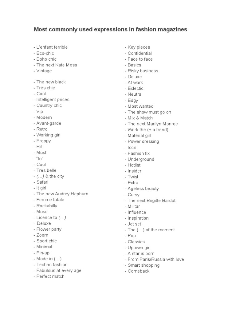Most Commonly Used Expressions in Fashion Magazines | PDF