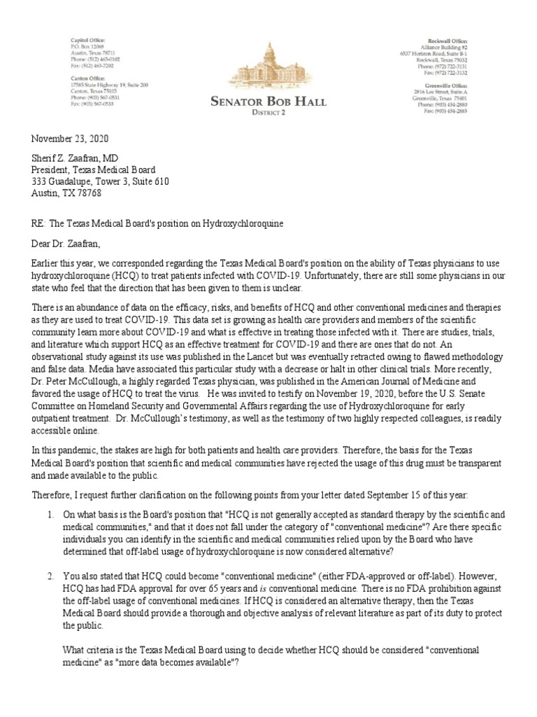 Letter From Senator Hall To Texas Medical Board | PDF | Food And Drug ...