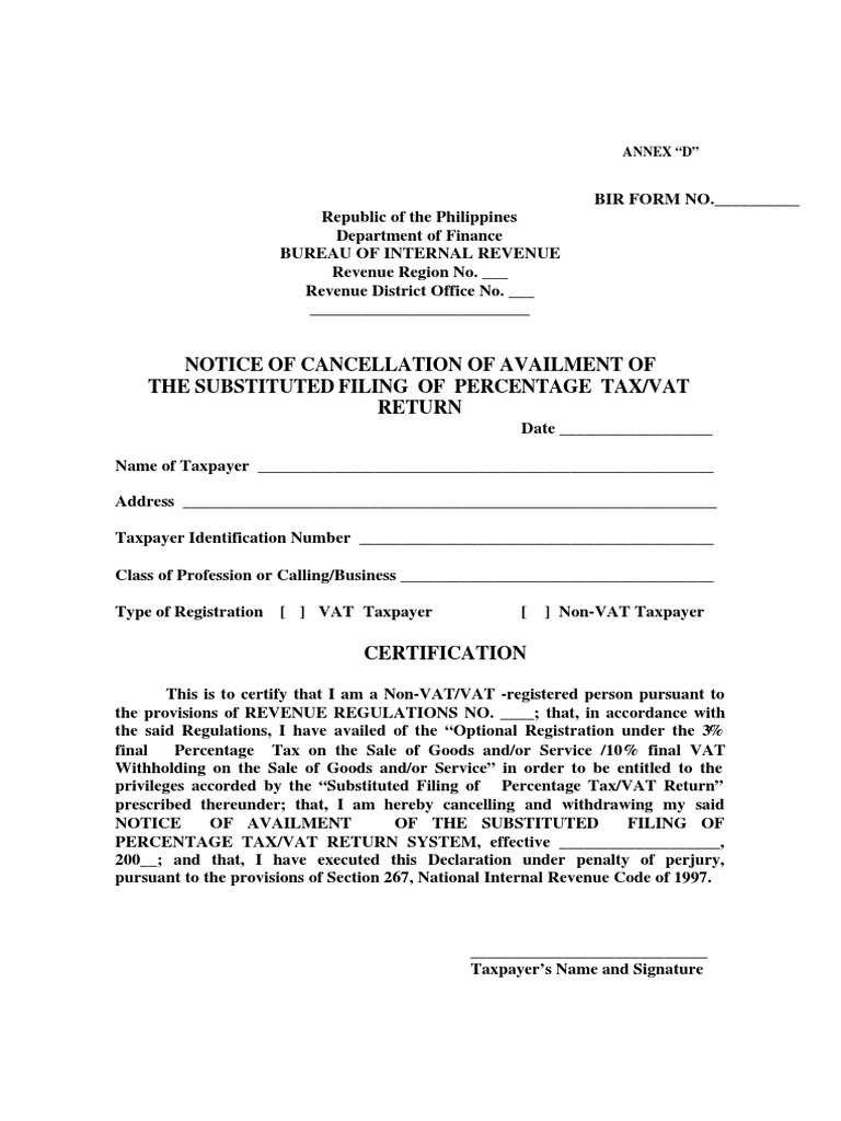 Notice of VAT Cancellation of Availment | PDF | Business | Law