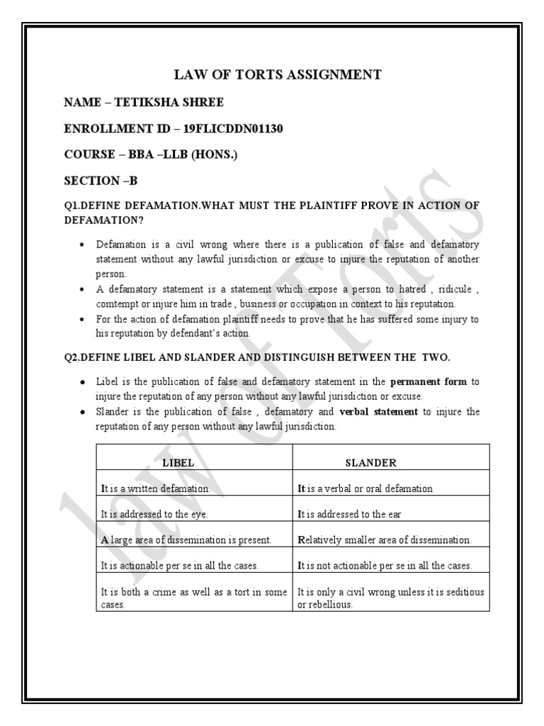 Law of Torts Assignment | PDF | Defamation | Comparative Law