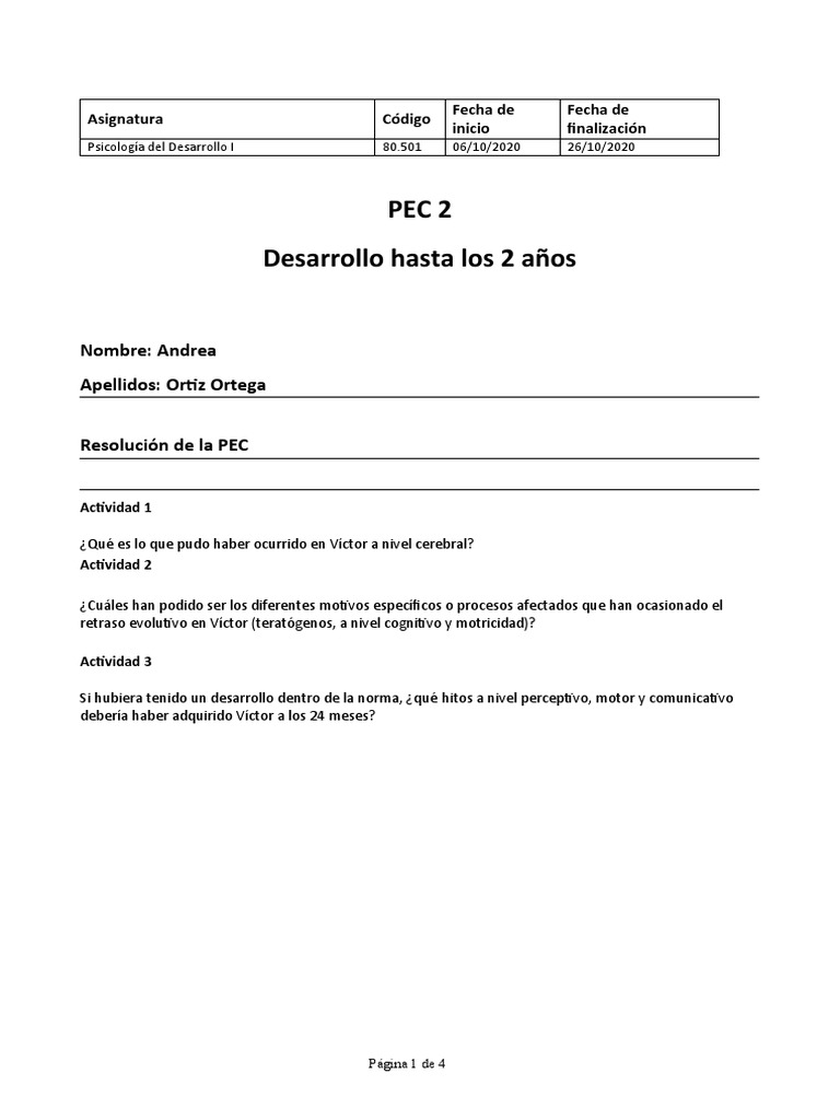 PEC2 Psicologia Del Desarrollo, Desarrollo Hasta Los 2 Años, UOC | PDF | Cerebro | Percepción