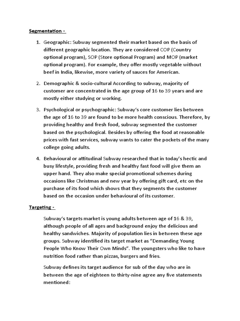 Subway Presentation | PDF | Target Audience | Foods