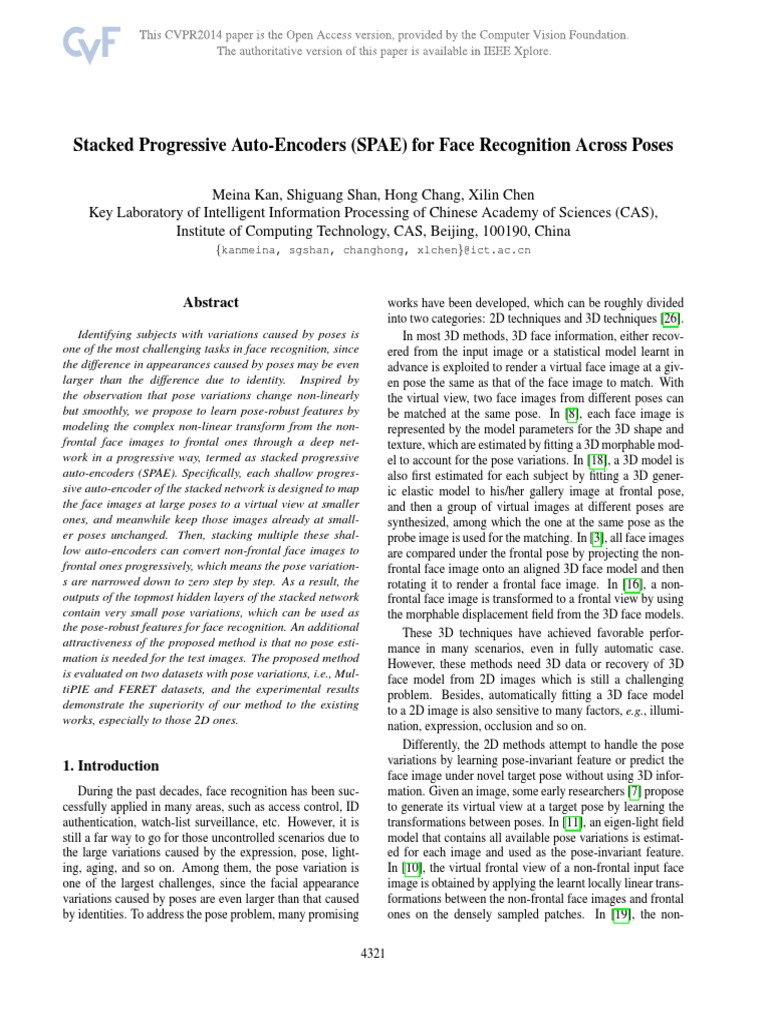 Stacked Progressive Auto-Encoders (SPAE) For Face Recognition Across Poses | PDF | Applied ...