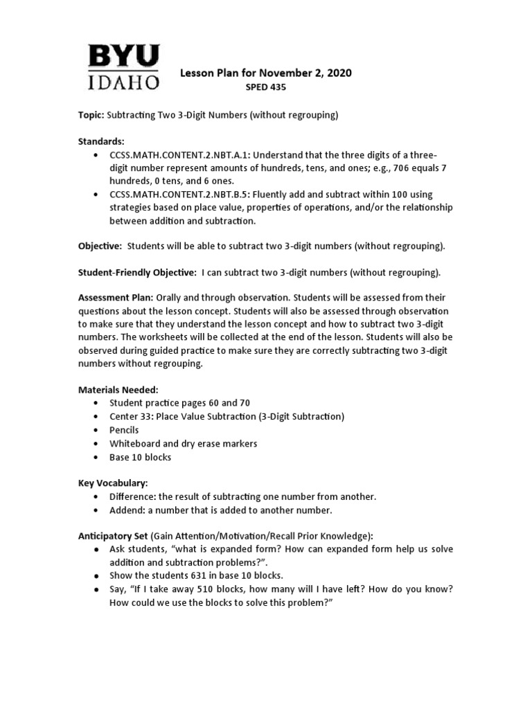 Subtract Two 3-Digit Numbers Lesson Plan | PDF | Lesson Plan | Subtraction