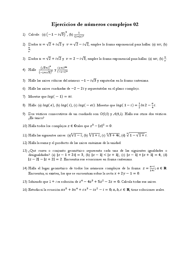 Ejercicios de Números Complejos 02 | PDF | Número complejo | Conceptos ...