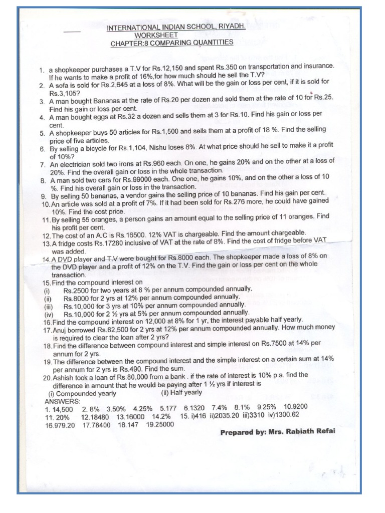 CBSE Class 8 Compairing Quantities Worksheet PDF | PDF