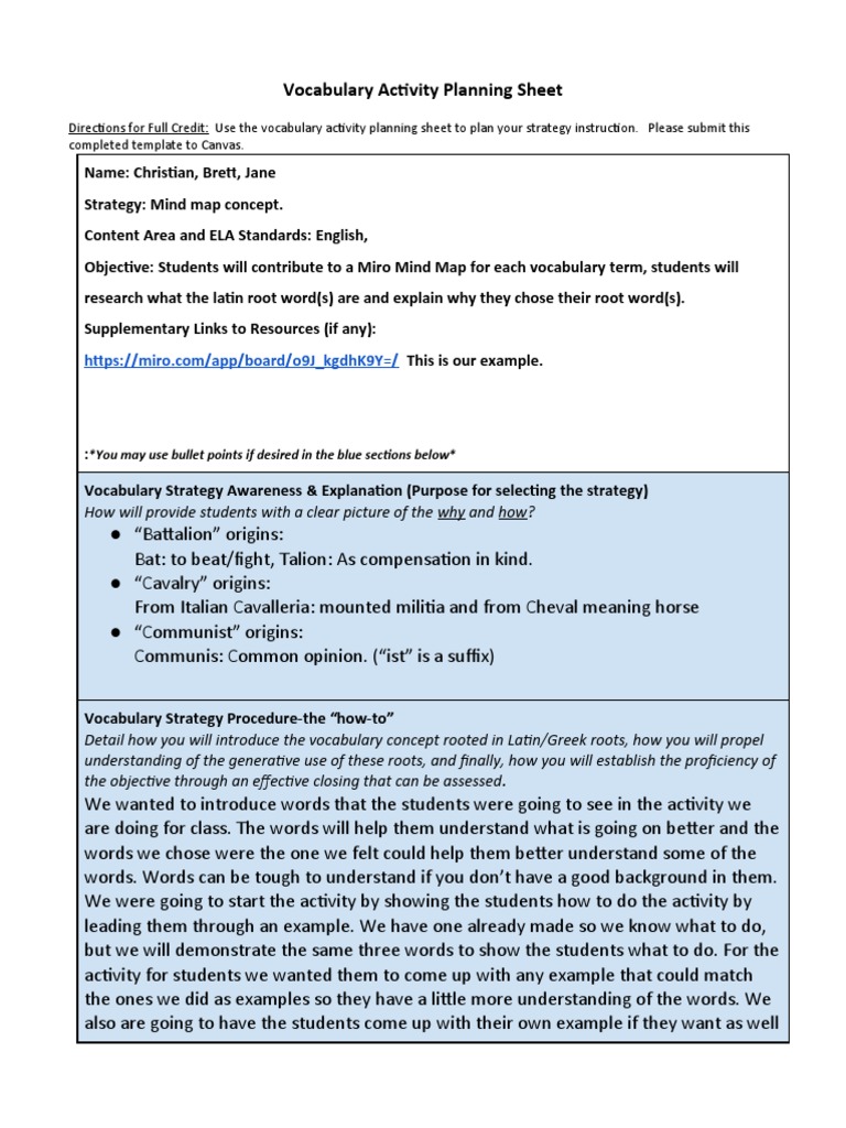 Vocabulary Activity Planning Sheet | PDF | Vocabulary | Understanding