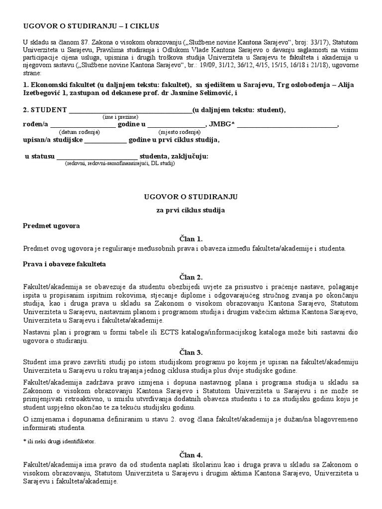 Ugovor o Studiranju 2020-2021-I Ciklus Final 0 | PDF