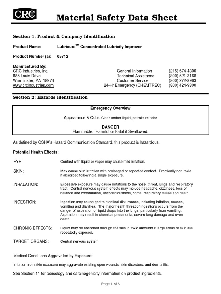 Material Safety Data Sheet: Section 1: Product & Company Identification ...