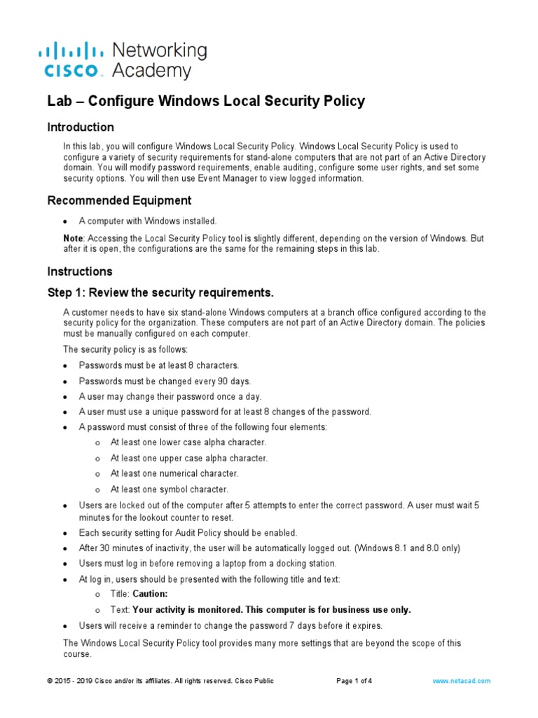 Lab - Configure Windows Local Security Policy | PDF | Password | Active Directory