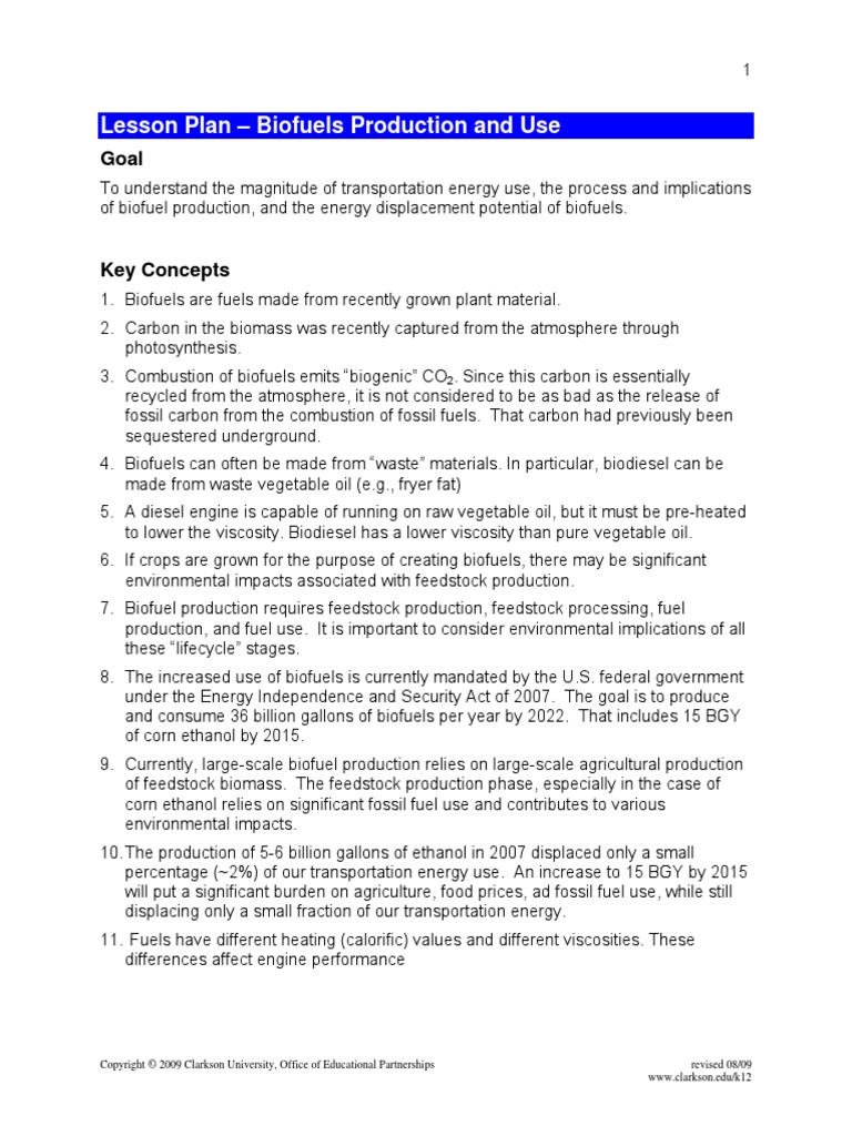 Lesson Plan - Biofuels Production and Use | PDF | Biofuel | Biodiesel