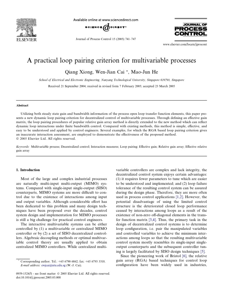 A Practical Loop Pairing Criterion For Multivariable Processes Pdf Pdf Control Engineering