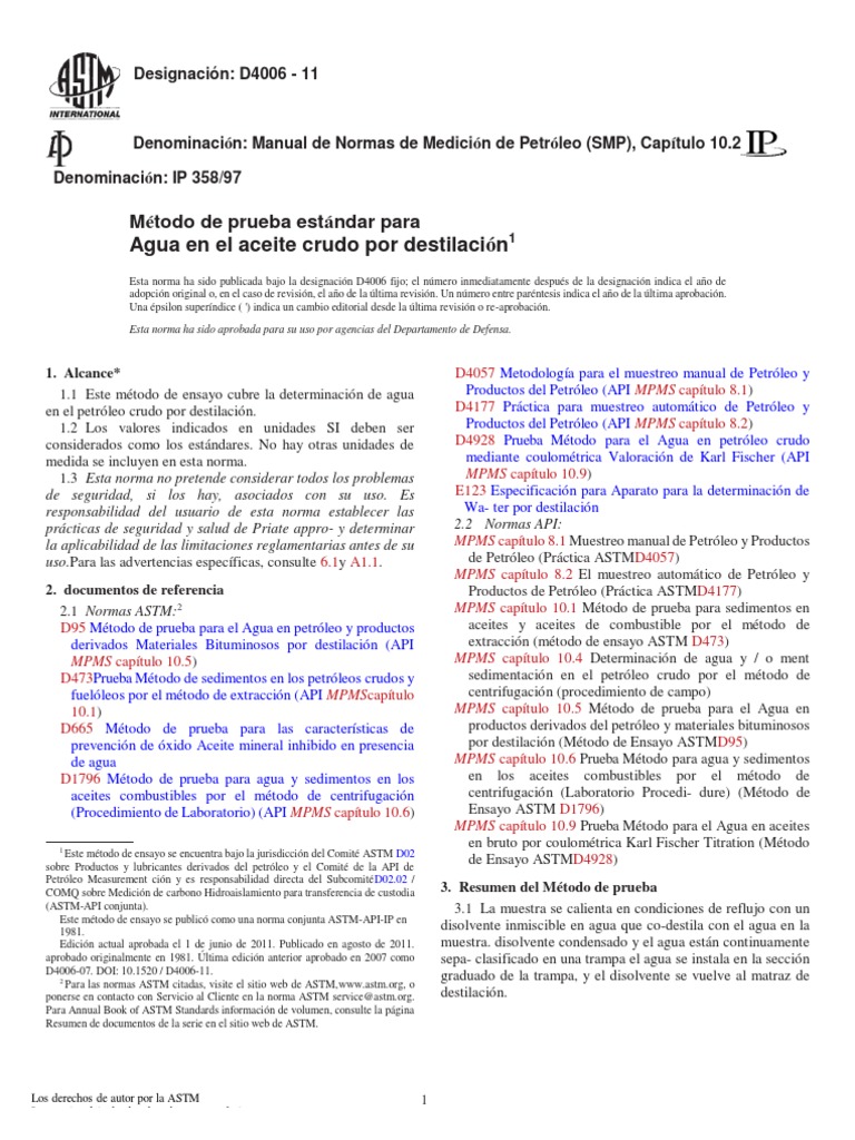 ASTM D4006-11 (Metodo de Prueba Estandar para Agua en Aceite Crudo Por Destilación) .En - Es ...