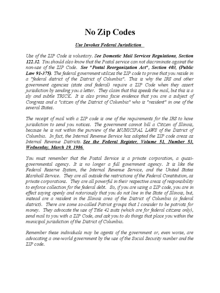 No Zip Codes: Use Invokes Federal Jurisdiction | PDF | Internal Revenue ...