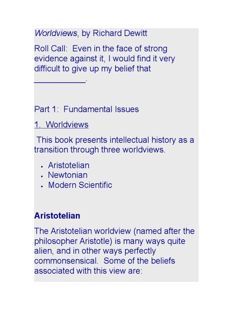 Worldviews, by Richard Dewitt: Aristotelian | PDF | Aristotle | Universe