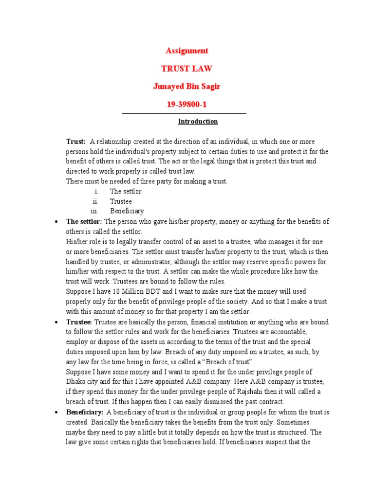 Legal New - Assignment - Junayed - 19-39800-1 | PDF | Trust Law | Trustee
