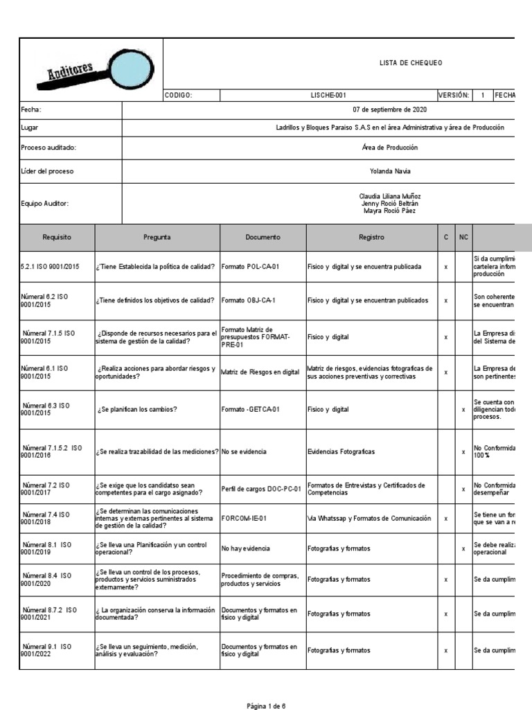 Formato Lista de Chequeo | PDF | Auditoría | Gestión de la calidad