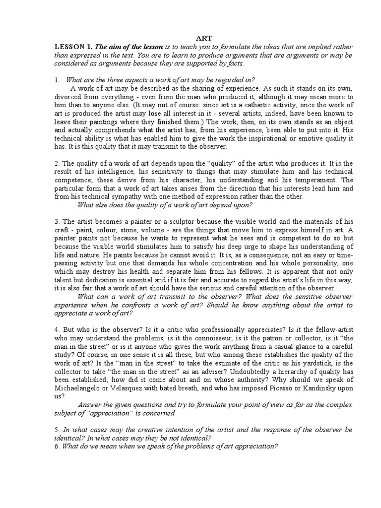 ART LESSON 1. The Aim of The Lesson Is To Teach You To Formulate The ...