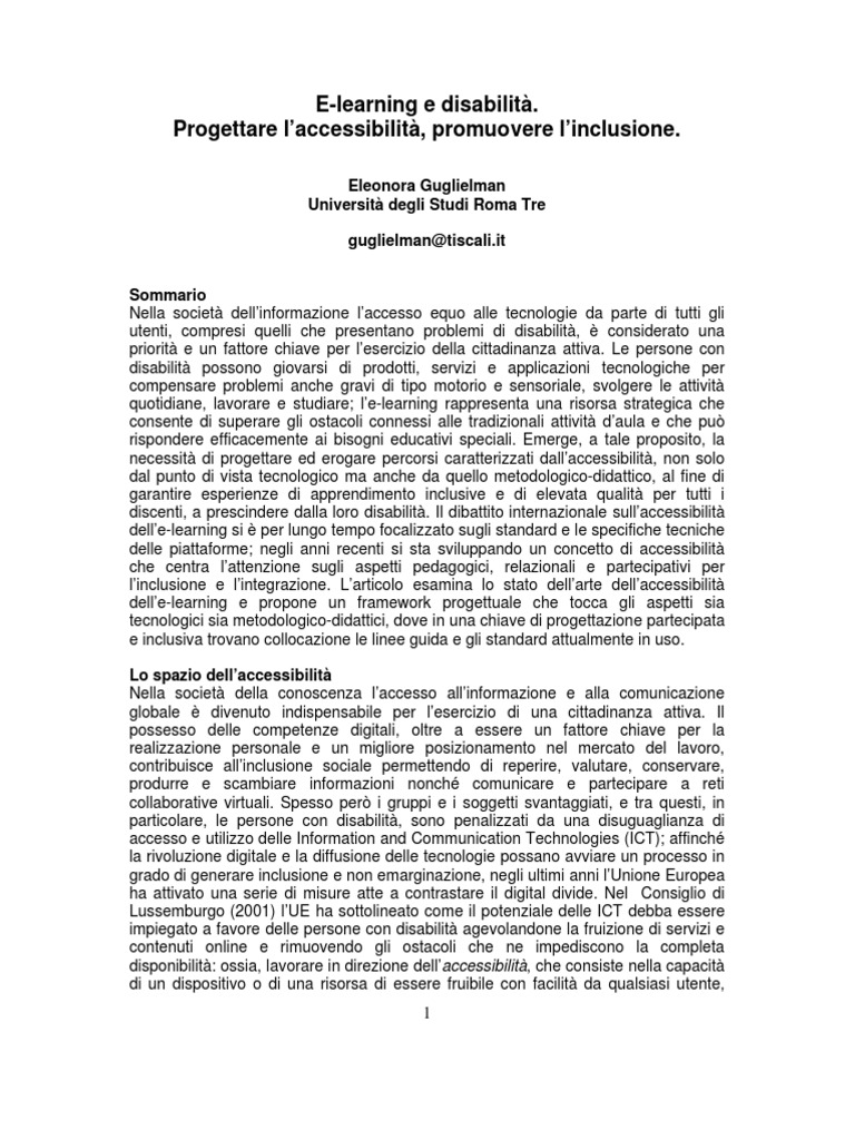E-Learning e Disabilità. Progettare L'accessibilità, Promuovere L ...