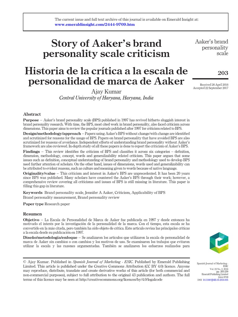 Story of Aaker 'S Brand Personality Scale Criticism Historia de La ...