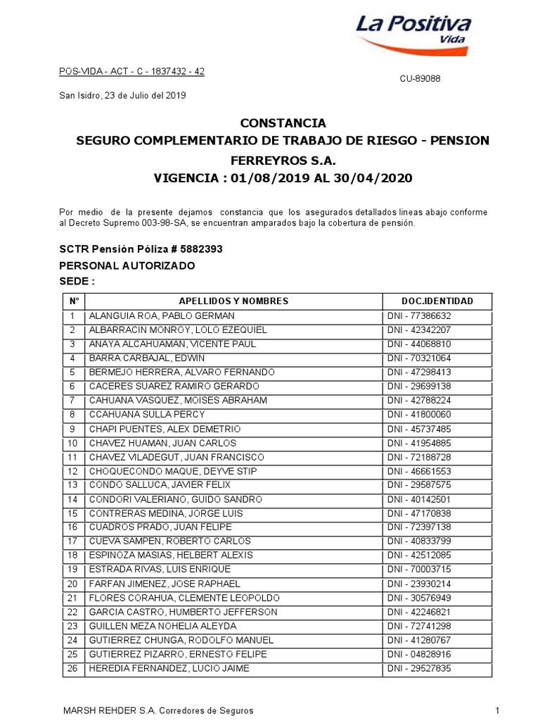 Constancia de Seguro Complementario SCTR | PDF | Seguridad y salud ocupacional | Riesgo financiero