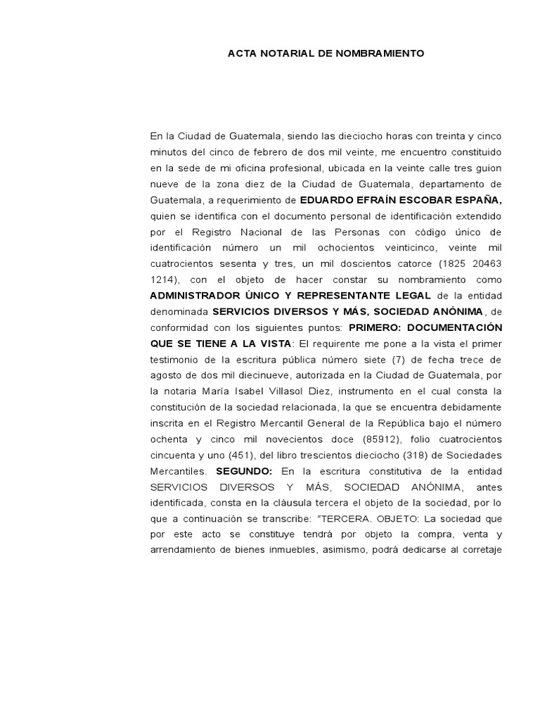 Acta Nombramiento Administrador | PDF | Gobierno | Business