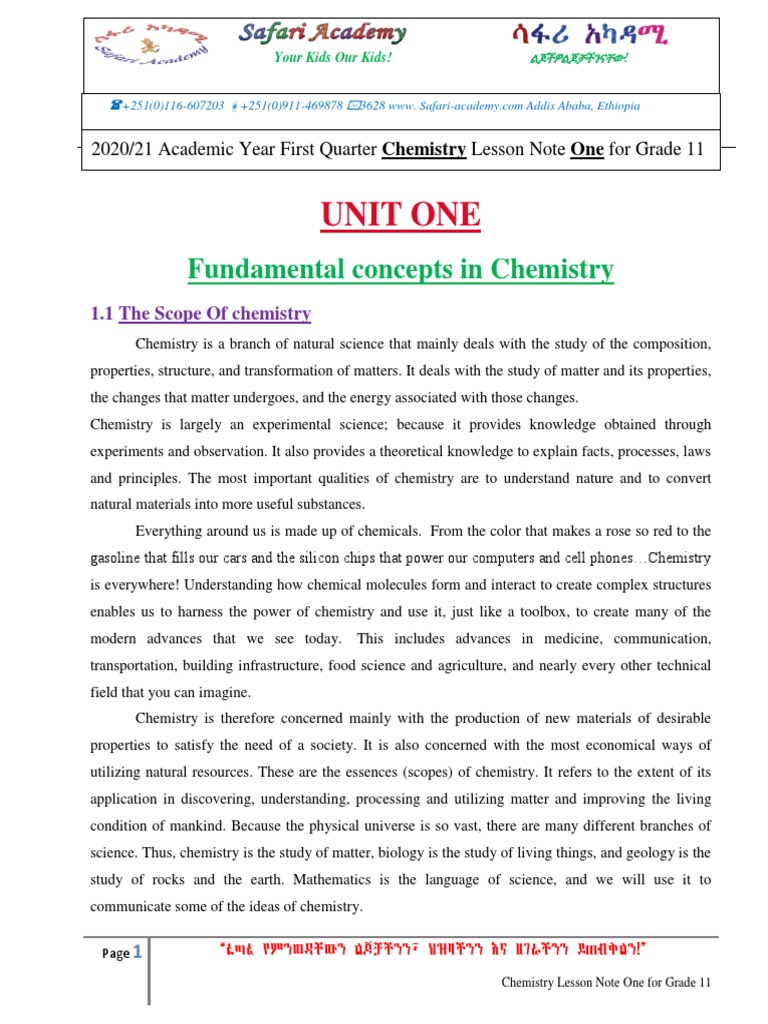 Grade 11 Chemistry Unit 1 Notes | PDF | Matter | Chemical Substances