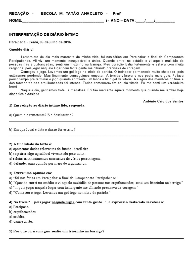 REDAÇÃO - Gênero Diário | PDF | Autor | Esportes