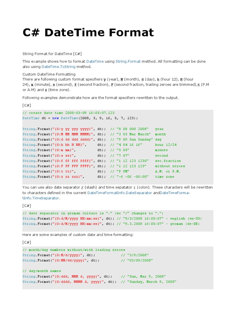 C# DateTime Format | PDF | C Sharp (Programming Language) | Command Line Interface