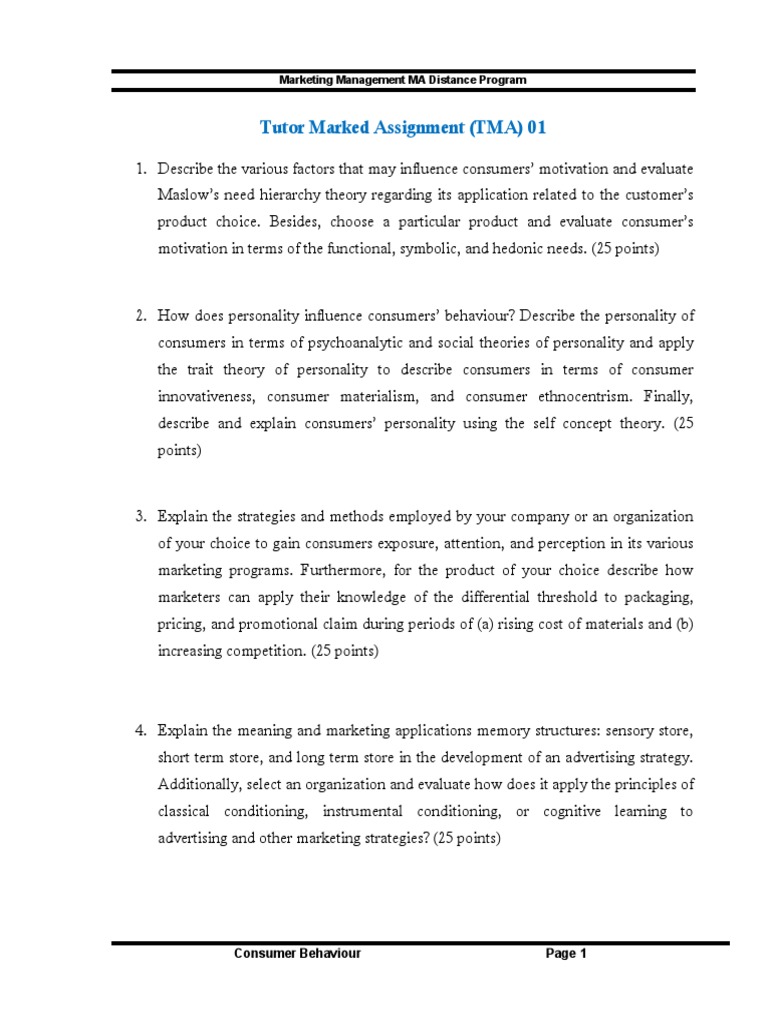 Tutor Marked Assignment (TMA) 01: Marketing Management MA Distance ...