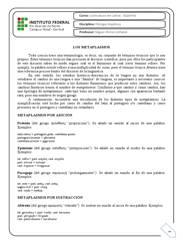 Texto 5 y Actividad 9 - Los Metaplasmos | PDF | latín | Vocal