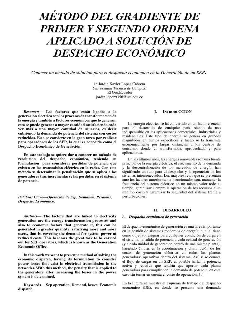 Método Del Gradiente de Primer y Segundo Ordena Aplicado A Solución de Despacho Económico PDF ...
