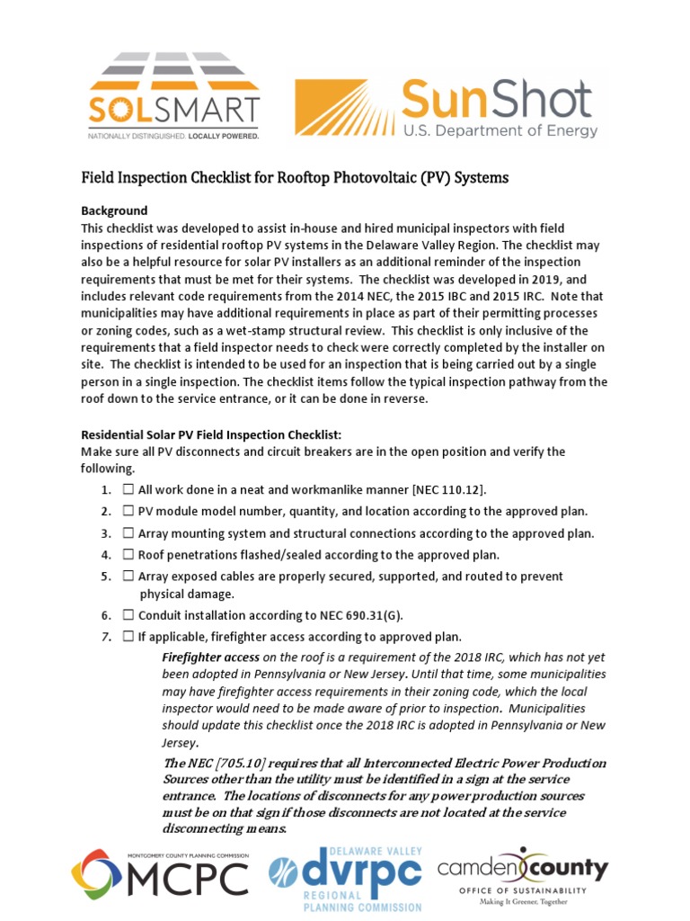 Field Inspection Checklist For Rooftop Photovoltaic PV Systems | PDF ...