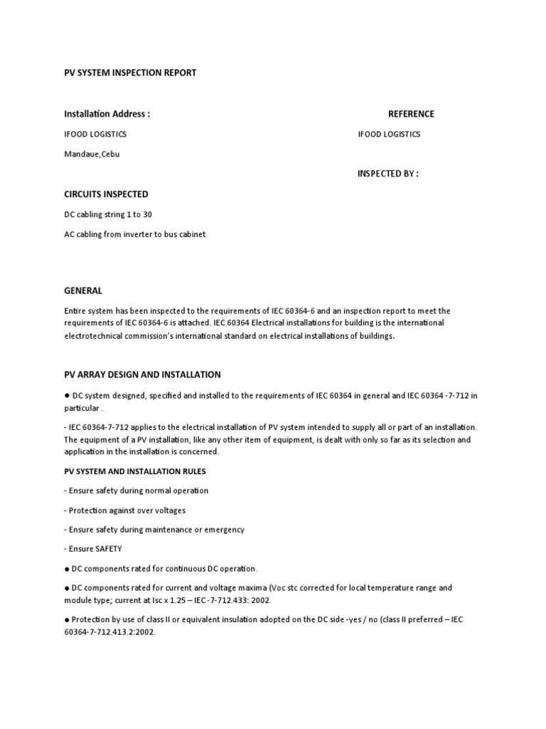 PV System Inspection Report | PDF | Photovoltaic System | Electrical Wiring