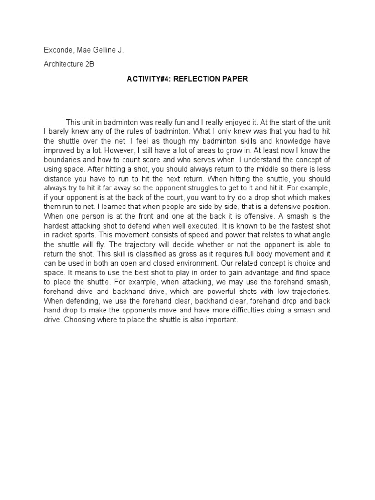Badminton Skills Reflection Paper | PDF
