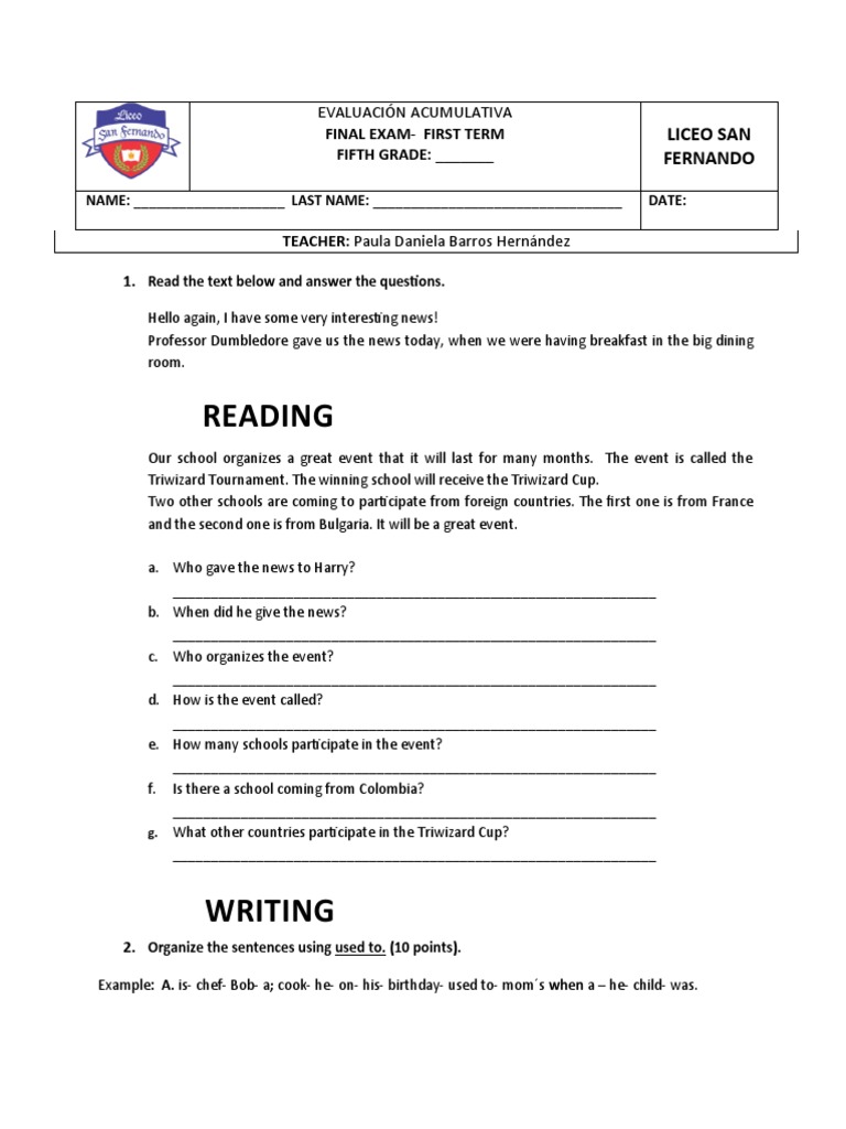 Fifth Grade Final Exam: Reading & Writing | PDF