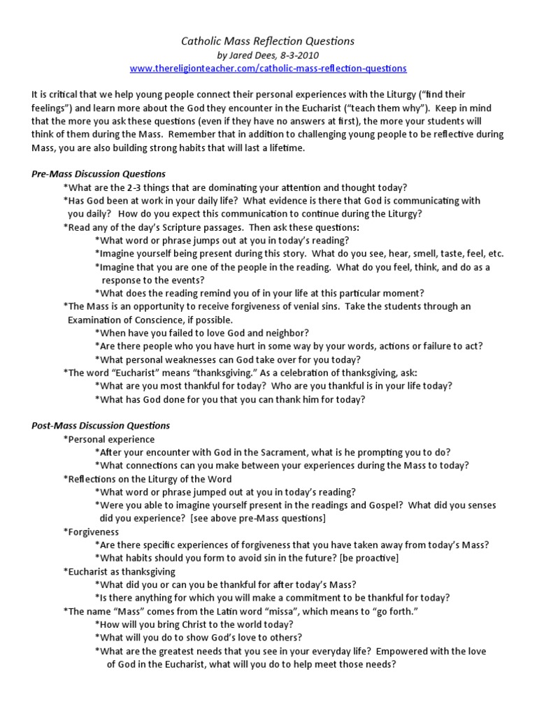 Catholic Mass Reflection Questions Guide | PDF | Mass (Liturgy) | Eucharist