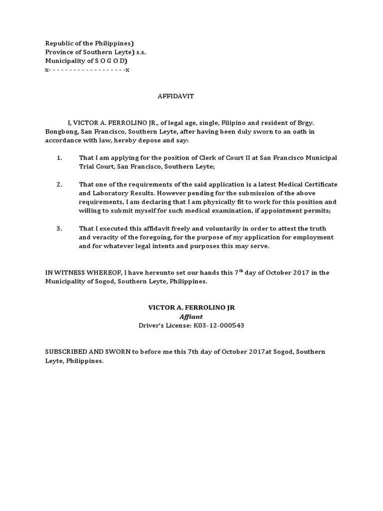 Affidavit of Medical Certificate