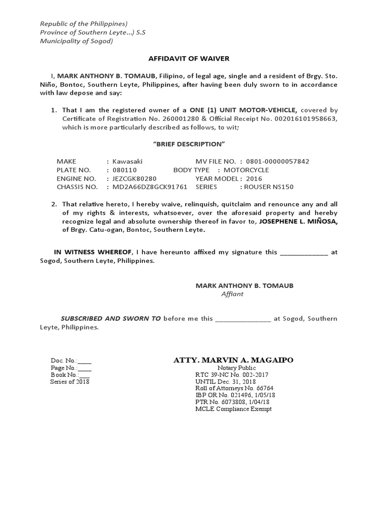 AFFIDAVIT OF WAIVER-chattel | PDF